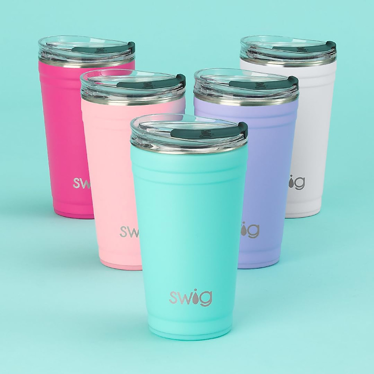 Swig Life 24oz Party Cup, Stackable Insulated Travel Coffee Tumbler with EZ Slider Lid, Cup Holder Friendly Travel Thermos, Stainless Steel 24 oz Tumbler, Reusable Coffee Mug (Aqua)