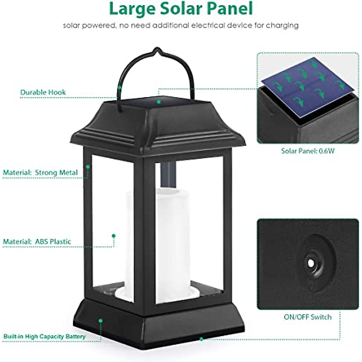 TomCare Solar Lights Metal Flickering Flame Solar Lantern Outdoor Hanging Lanterns Decorative Lighting Heavy Duty Solar Powered Waterproof Umbrella Lighting for Garden Patio Deck Yard, 2 Pack（Black）