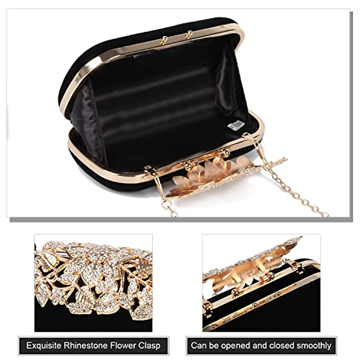 Oweisong Evening Clutch Purse for Women Wedding Flower Rhinestone Black Evening Bag Floral Crystal Shoulder Bag for Party