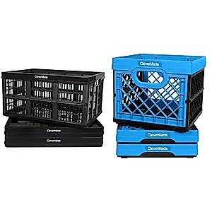 CleverMade 45L Collapsible Storage Bins, Black, 3 Pack & Milk Crates, 25L Plastic Stackable Storage Bins CleverCrates Utility Folding Baskets, Pack of 3, Blue