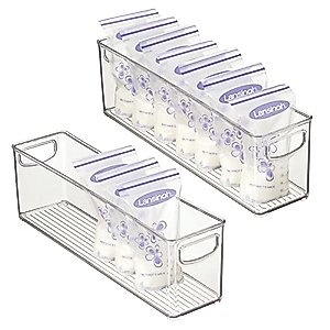 mDesign Plastic Long Stackable Storage Organizer Container, Organization Bin w/Handles for Kitchen, Pantry, Fridge, Freezer, Cabinet, Perfect to Hold Breast Milk - Ligne Collection - 2 Pack, Clear