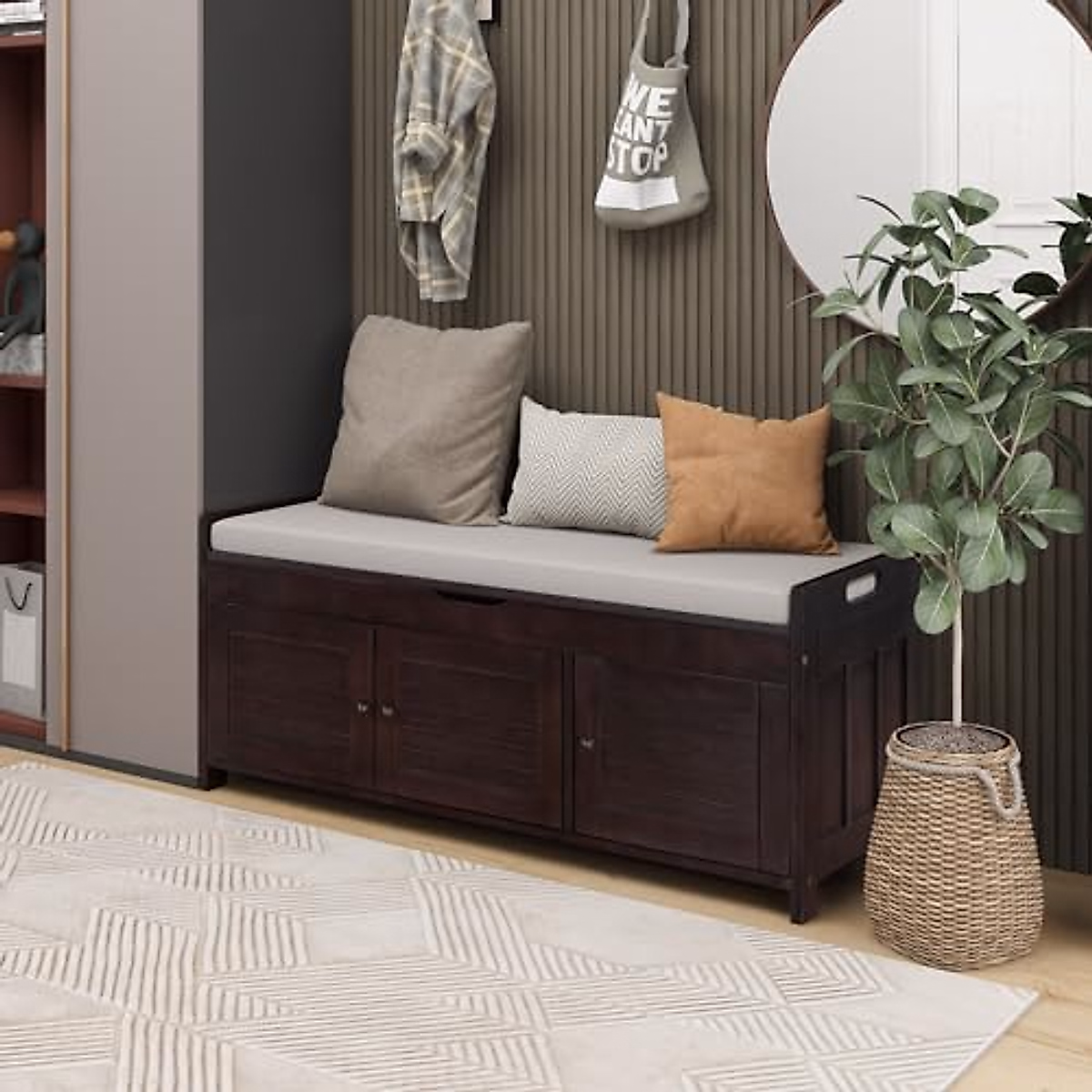 SOFTSEA Storage Bench with 3 Shutter Shaped Doors, Wooden Shoe Bench with Removable Cushion and Hidden Storage Space, Espresso