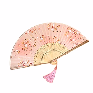 Decorative Folding Fans Silk Handheld Floral Folding Fans Hand Held Fans Pink Floral Folded Fan with Tassel for Dance Decoration Wedding Party Gift Gift Hand Fan Vintage style (Color : Pink a)