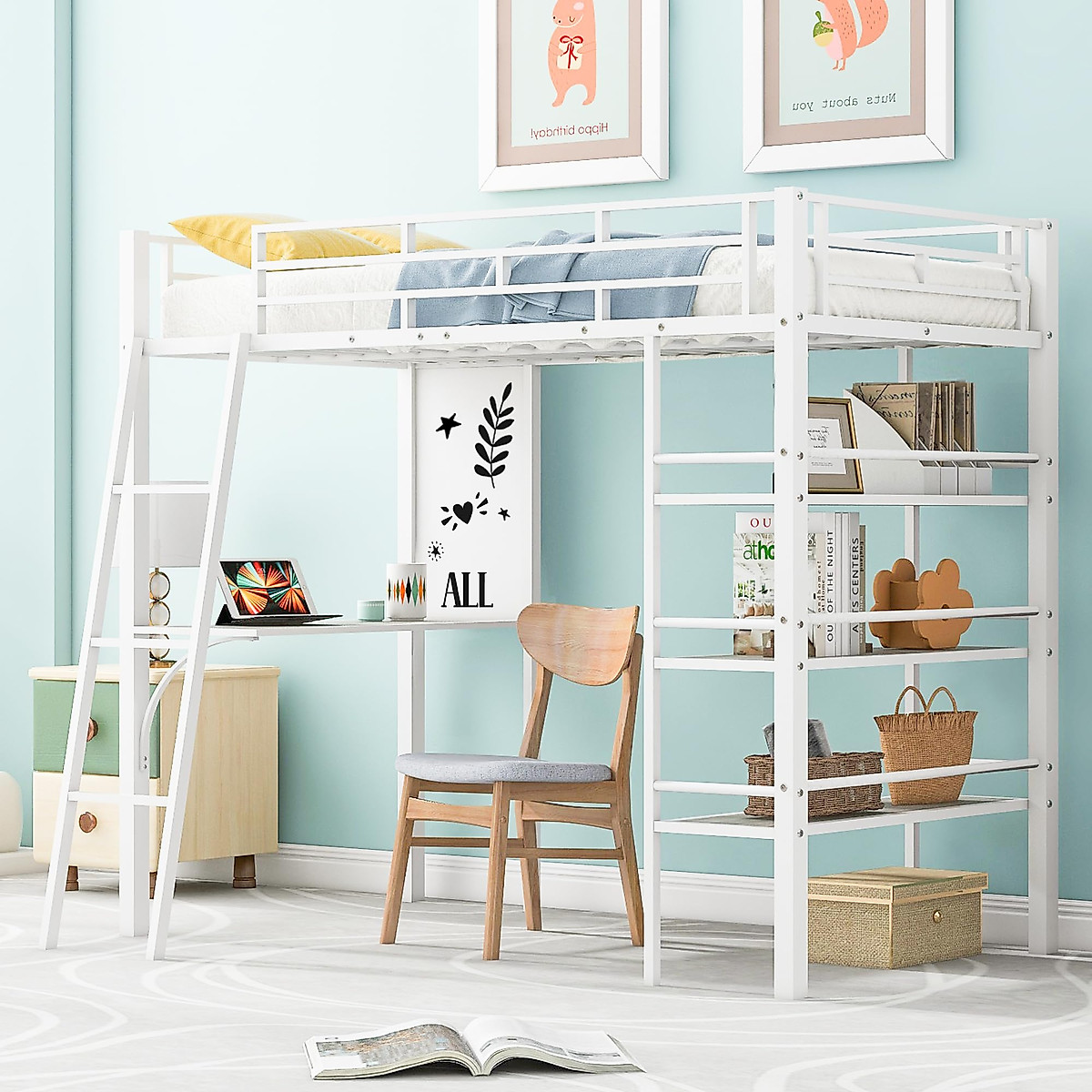 Harper & Bright Designs Metal Twin Size Loft Bed with Desk, Loft Bed Twin with 3 Layers of Shelves, Space Saving Twin Loft Bed with Desk Underneath and Whiteboard for Kids Girls,Boys,White