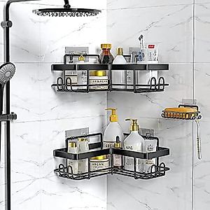Moforoco 3 Pack Adhesive Corner Shower Caddy, Shower Organizer Shelf with Soap Holder and 12 Hooks, Shower Shelves Rustproof for Bathroom, Shower Storage Basket, Shower Shelf for Inside Shower