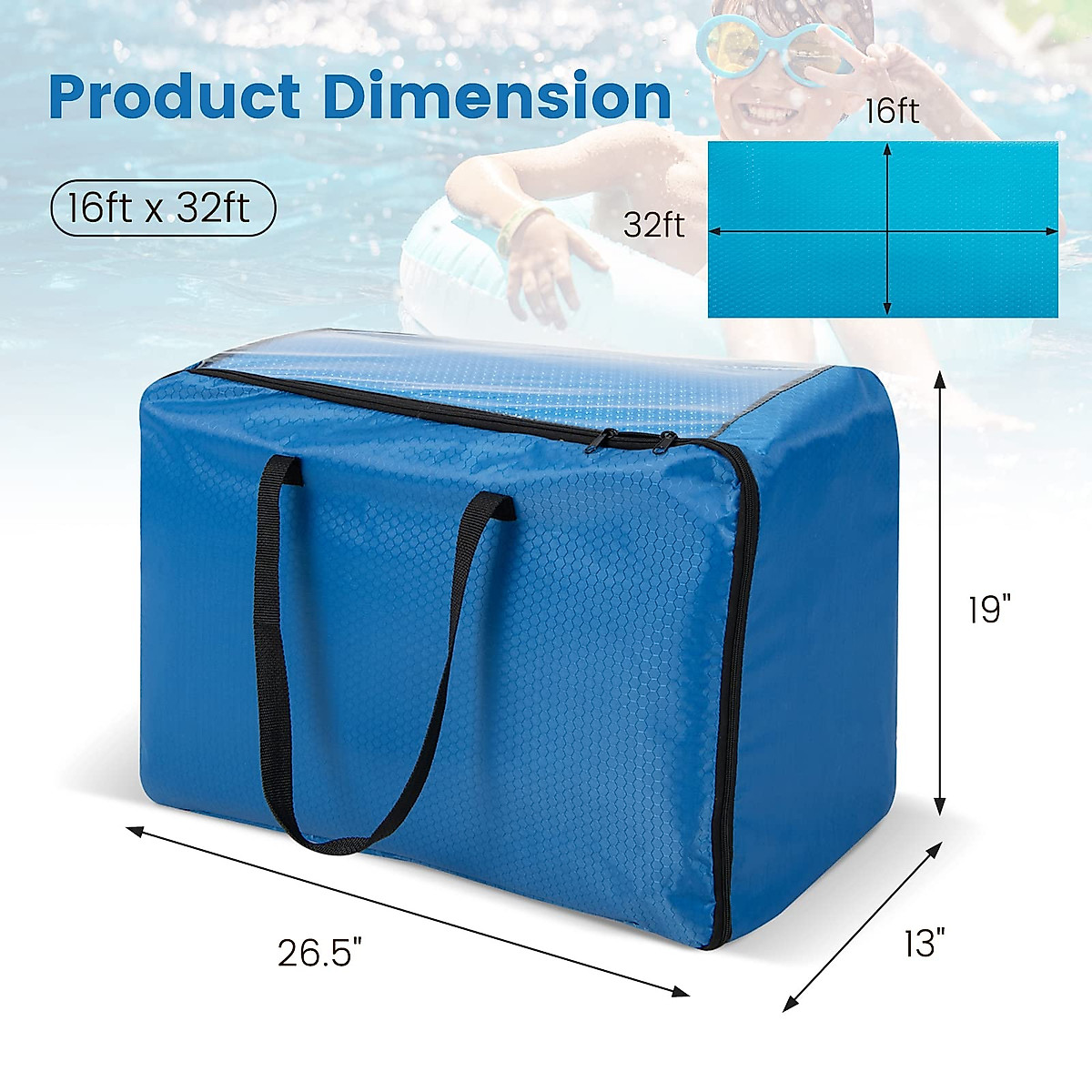 GYMAX Pool Cover, 16 FT x 32 FT 12-mil Solar Pool Cover with Carry Bag, Heat Retaining Rectangle Bubble Cover Floating Spa Blanket for Tub, In-Ground & Above Ground Swimming Pools (Blue)