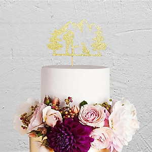 Outdoor Wedding Cake Topper Bride & Groom with Dog Backpacking Wedding Party Decor Mountain Trees Outdoor Themed Wedding Cake Decorations Gold Glitter