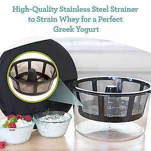 Euro Cuisine GY60 Greek Yogurt Maker with Ultra Fine Mesh Stainless Steel Strainer Basket, BPA Free, Patented Greek Yogurt Strainer, Ideal for Healthy Homemade Yogurt, Dips, and Desserts (Black)