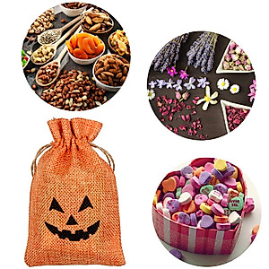 DECORA Burlap Gift Bags with Double Jute Drawstrings Candy Pouch Halloween Treat Bags with Different Designs Pack of 50
