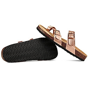 Real Fancy Women's Cork Footbed Sandals with Adjustable Crisscrossing Straps - Slip on Slide Sandals for Women/Ladies, Low Heel Arch Support (Gold,9)