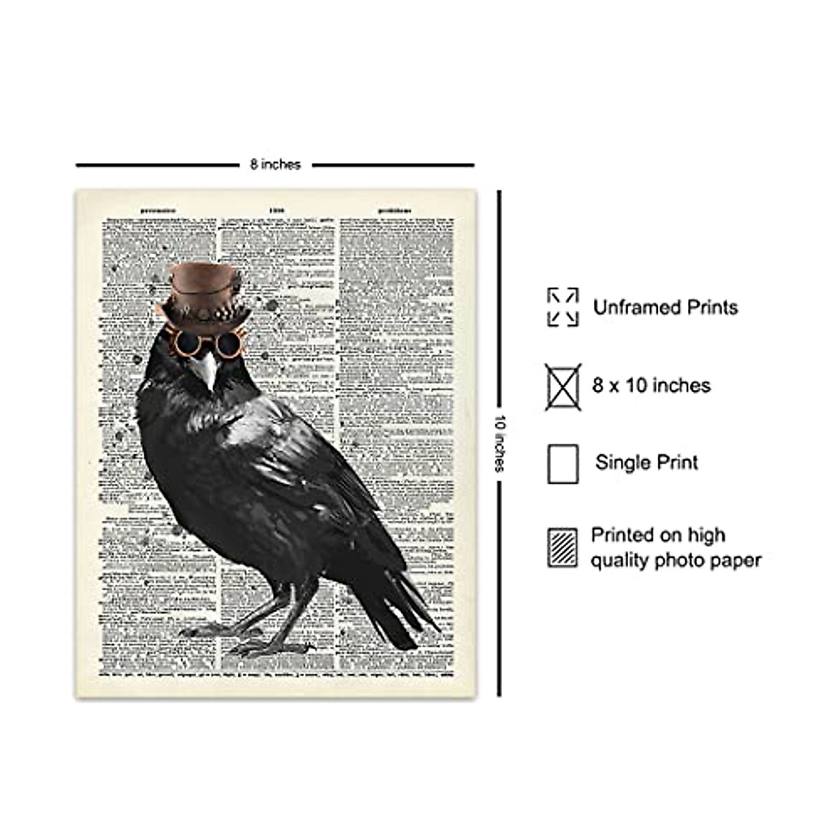Steampunk Edgar Allan Poe The Raven Wall Art - Gothic Home Decor - Goth Room Decor - Renaissance Hipster Dictionary Art Accessories for Bedroom, Living Room - Hipster Gift for Men, Women