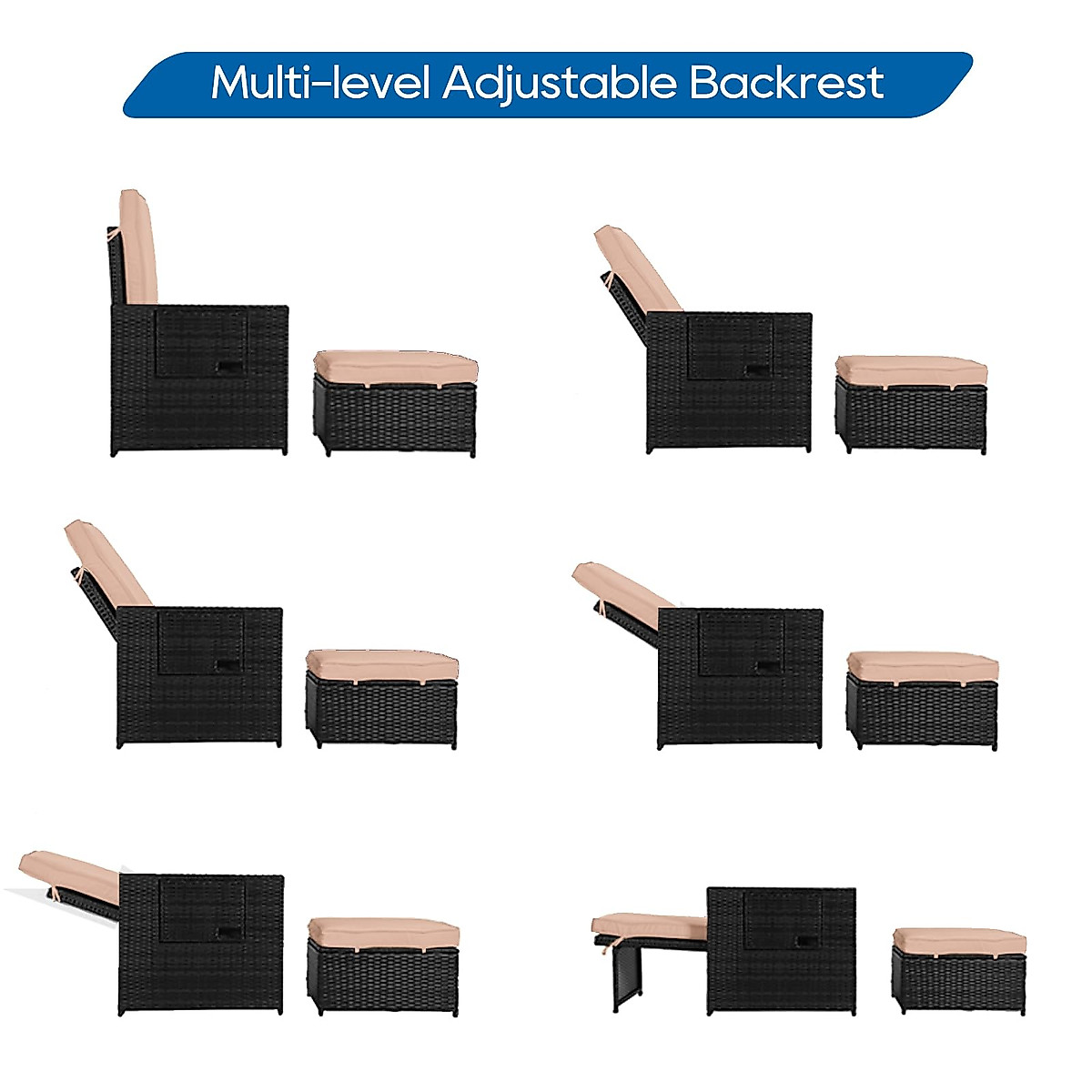 VUYUYU 5PCS Outdoor Wicker Chaise Lounge Chair - Rattan Adjustable Reclining Patio Lounge Chair with Ottoman and Coffee Table, for Patio Beach Pool Backyard (Black Wicker Khaki Cushion)