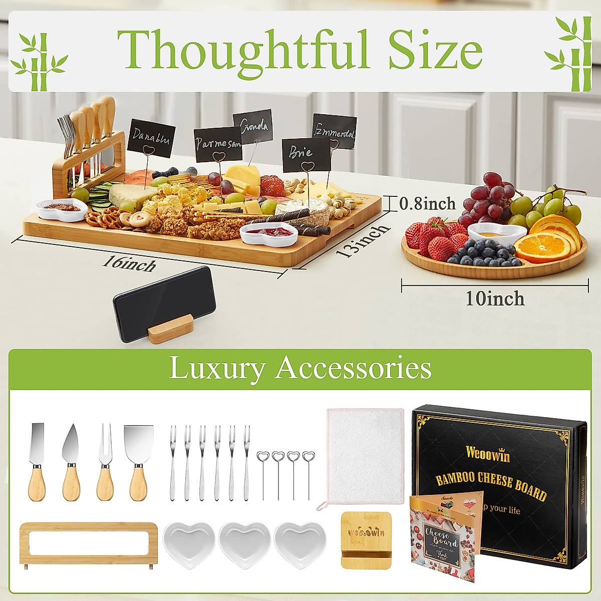 Weoowin Bamboo Charcuterie Boards - Cheese Board and Knife Set, Unique Housewarming, Thanksgiving, Wedding, Birthday, Love Gifts for Couple, Christmas, Bridal Shower Gift (White)