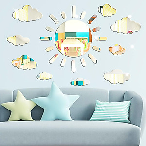 Sun and Cloud Mirror Stickers Decals 3D Acrylic Mirror Wall Stickers Self Adhesive Decorative Silver Removable Peel and Stick for Kids Baby Bedroom Bathroom Playroom Nursery Ceiling Wall Decor
