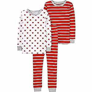 Simple Joys by Carter's Baby Toddler 3-Piece Snug-fit Cotton Holiday Pajama Set, Red Stripe/White Hearts, 4T