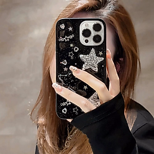 LOLAGIGI for iPhone 13 Case Bling Stars 3D Hearts Diamond Twinkle Star Glitter Y2K Spark Luxury Girly Aesthetic Personalized Design for Women Girls Teens TPU Case, 6.1", Black