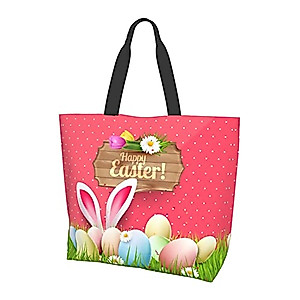ASYG Easter Bags, Cute Easter Bunny and Eggs Tote Bag for Women Men, Easter Shoulder Bag