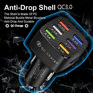 Car Charger Adapter - QC 3.0 and 5 Other Ports, 6 USB Multi-Port, Fast Charger, Car Charger Adapter Compatible with iPhone, Android, Tablet and Other USB Device