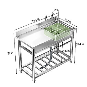 39.3'' Stainless Steel Utility Sink with Cold and Hot Water Pipes, Free Standing Sink with Workbench & Storage, Portable Laundry Sink for Indoor & Outdoor