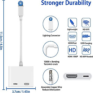 Lightning to HDMI Adapter [Apple MFi Certified], No Need Power, iPhone to HDMI Adapter 1080P Screen Converter with Lightning Charging Port Compatible for iOS Devices to Projector/Monitor