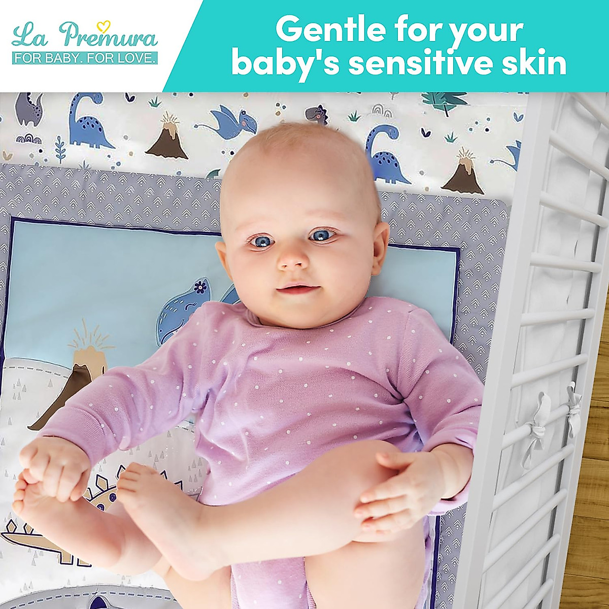 La Premura Baby Crib Bedding Set for Boys – Dinosaur 3 Piece Standard Size Nursery Crib Comforter Set, Grey/Blue - Unisex Baby Nursery Bedding and Neutral Decor