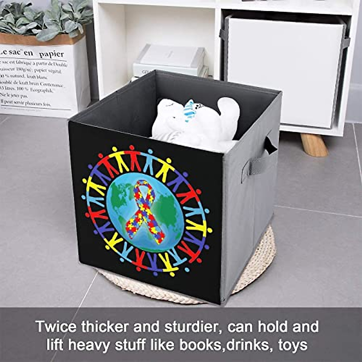 Autism Awareness Storage Bins Cubes Foldable Fabric Organizers with Handles Clothes Bag Book Box Toys Basket for Shelves Closet 10.6"