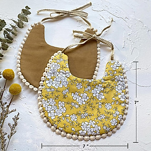 Cherssy Baby Girl Reversible Bibs, Boho Bibs with Crochet Lace and String Ties Pom Pom, Floral Cotton bibs for Newborn Infant Toddler, 2 Pack Mustard/Brown