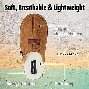 Lucky Brand Micro-Suede Scuff Indoor Slippers for Men with Plush Lining, Tan, M