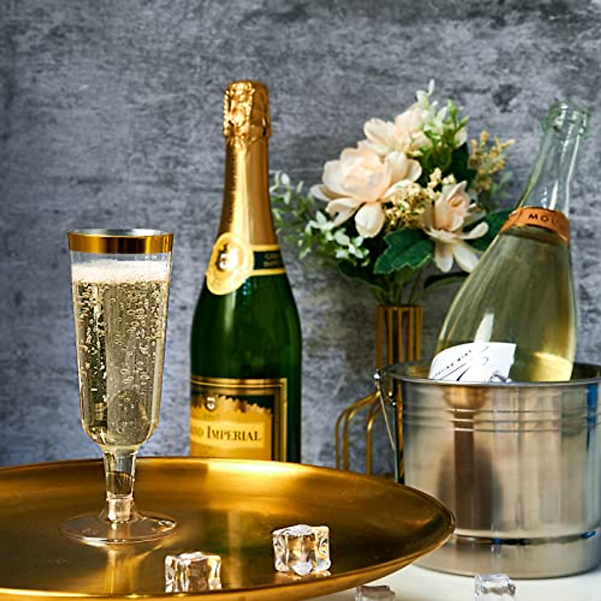 JOLLY CHEF 50 Pack Plastic Champagne Flutes Disposable 5 Oz Gold Rim Plastic Champagne Glasses Perfect for Wedding, Thanksgiving Day, Christmas