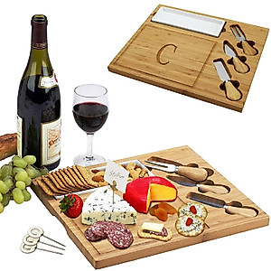 Picnic at Ascot Personalized Monogrammed Engraved Bamboo Cutting Board for Cheese & Charcuterie Platter- includes Knives, Ceramic Dish, & Cheese Markers - Designed and Quality Checked in USA