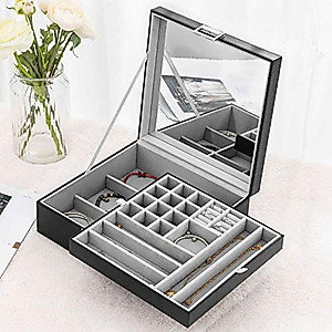 Oyydecor Jewelry Box for Women Girls' Gifts, 2 Layer Jewelry Organizer, PU Leather Display Jewelry Storage Case with Removable Tray and Mirror for Necklace Earrings Rings Bracelets
