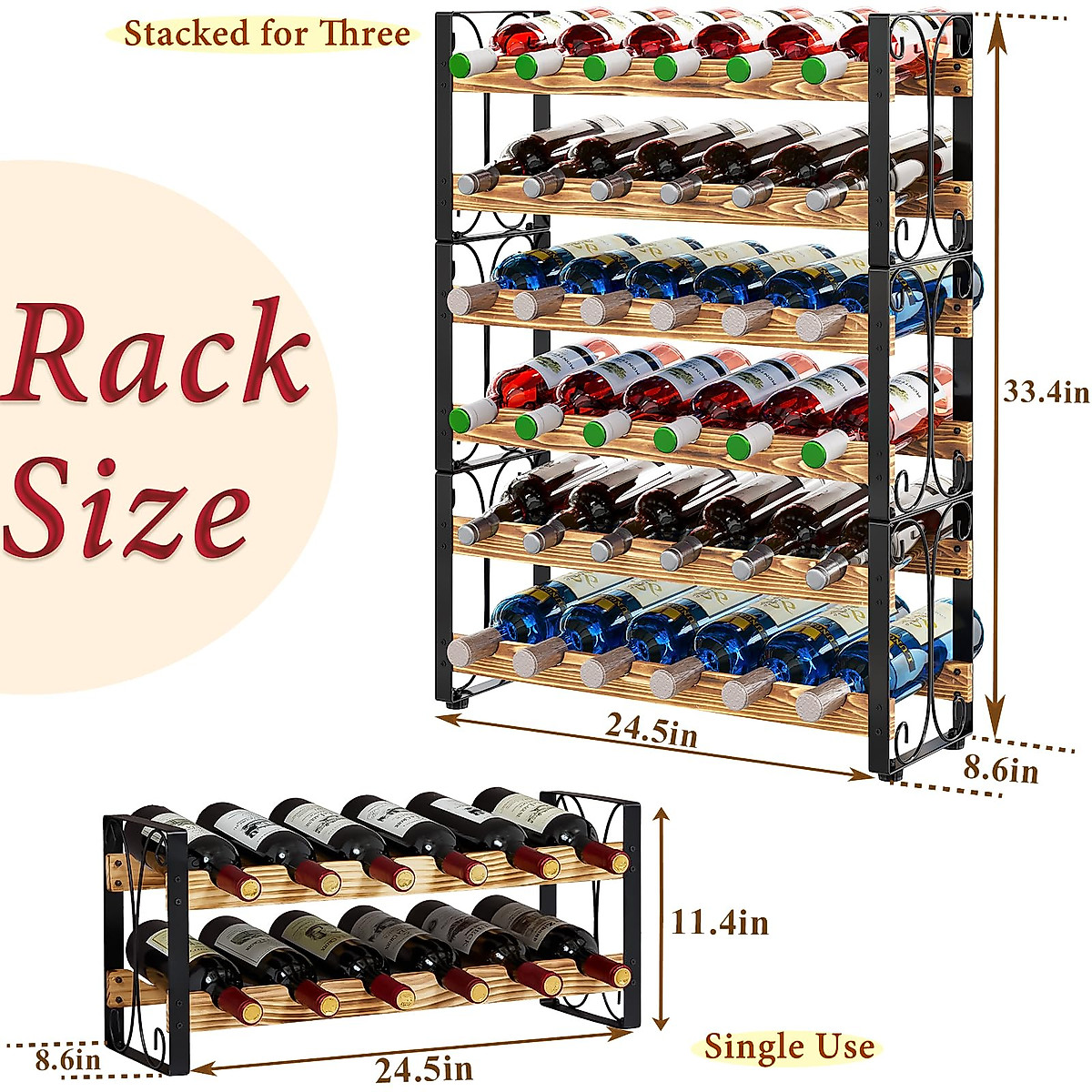 X-cosrack Stackable Rustic 36 Bottle Wine Rack, Freestanding Floor Wine Holder Stand Can Used Separate or Stacked 6 Tier Wobble-Free Wine Display Storage Shelf for Kitchen 24.5''L x 8.6''W x 33.4''H