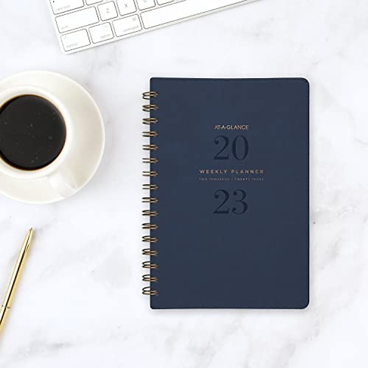 AT-A-GLANCE 2023 Weekly & Monthly Planner, 5-1/2" x 8-1/2", Small, Spiral Bound, Monthly Tabs, Pocket, Signature, Navy (YP20020)