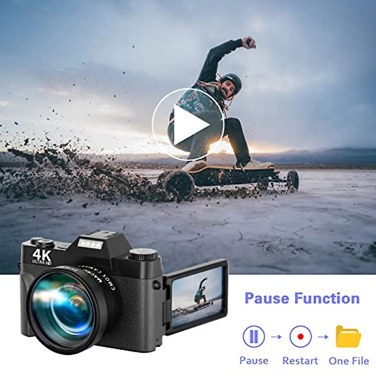 Acoletty 4K Digital Camera for YouTube, 48MP Vlogging Camera, 16X Digital Zoom, 3.0" IPS 30FPS 180° Flip Screen TopCam32 Zoom, 52mm Wide Angle Lens, Macro Lens, 2 Batteries and 32GB TF Card