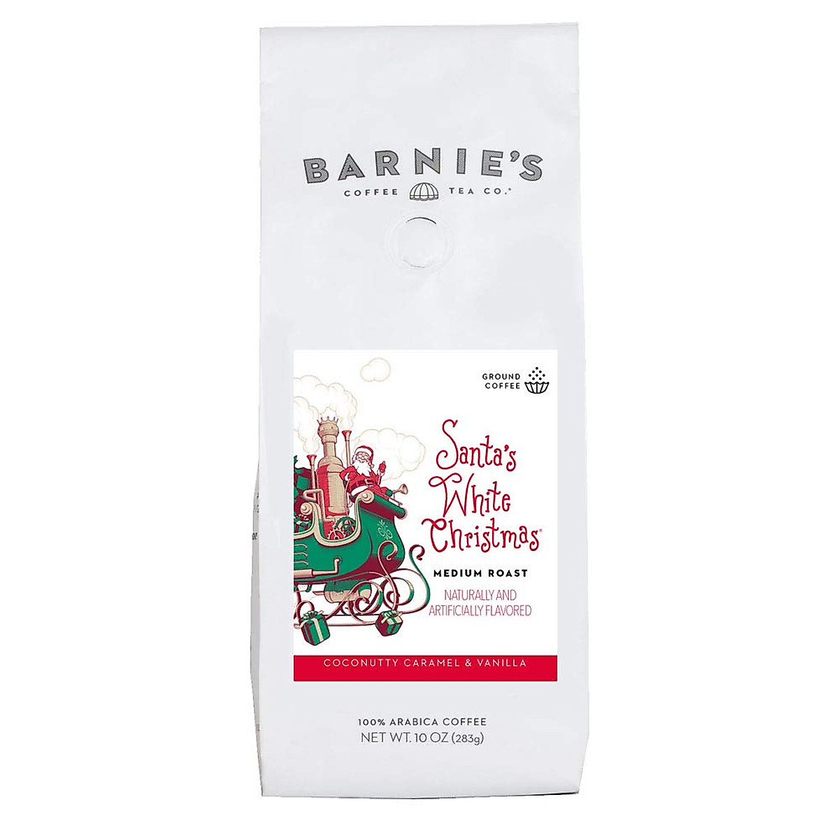 Barnie's Santa's White Christmas Whole Bean Coffee with Smooth Coconut, Caramel and Warm Vanilla Flavors, Medium Roasted Arabica Coffee Beans, 10 oz Bag