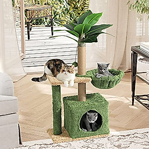MSmask Cat Tree with Square Condo, Artificial Palm Tree Cat Tower with Sisal Scratching Post, Hammock, Plush Platform, Climbing Nature Cat Tree for Indoor Cats