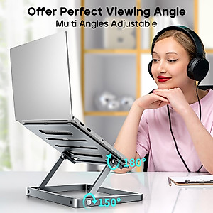 ROADOM Laptop Stand for Desk, Adjustable Ergonomic Laptop Riser, Foldable Portable Computer Stand for Laptop Tablet Portable Monitor (10-17.3''),Aluminum Alloy, Silver