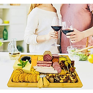 Bamboo Cheese Board Set, Charcuterie Food Serving Tray - Included Stainless Steel Knives & Bowls, Extra Large [16x11x1] Wooden Cutting Board Platter for Wine, Cracker, Brie, Meat, Dip, Chip by PandPal