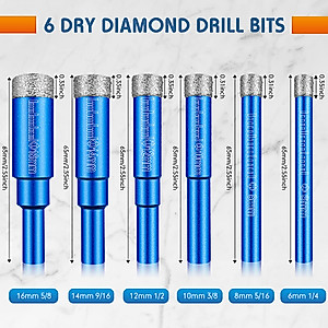 Dry Diamond Drill Bits Set 6 PCs Small Diamond Hole Saw Kit for Granite Marble Porcelain Tile Ceramic Stone Glass Hard Materials (not for Wood) Round Shank 1/4, 5/16, 3/8, 1/2, 9/16, 5/8 inch