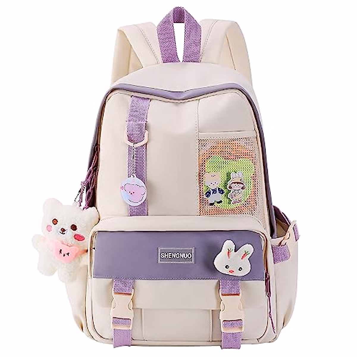 Unineovo Kawaii School Backpack with Cute Pin and Accessories, Lightweight 14 inch Laptop Bag for Teens Girls, Cute School Backpack for Elementary School, Middle School, High School,College (Purple)