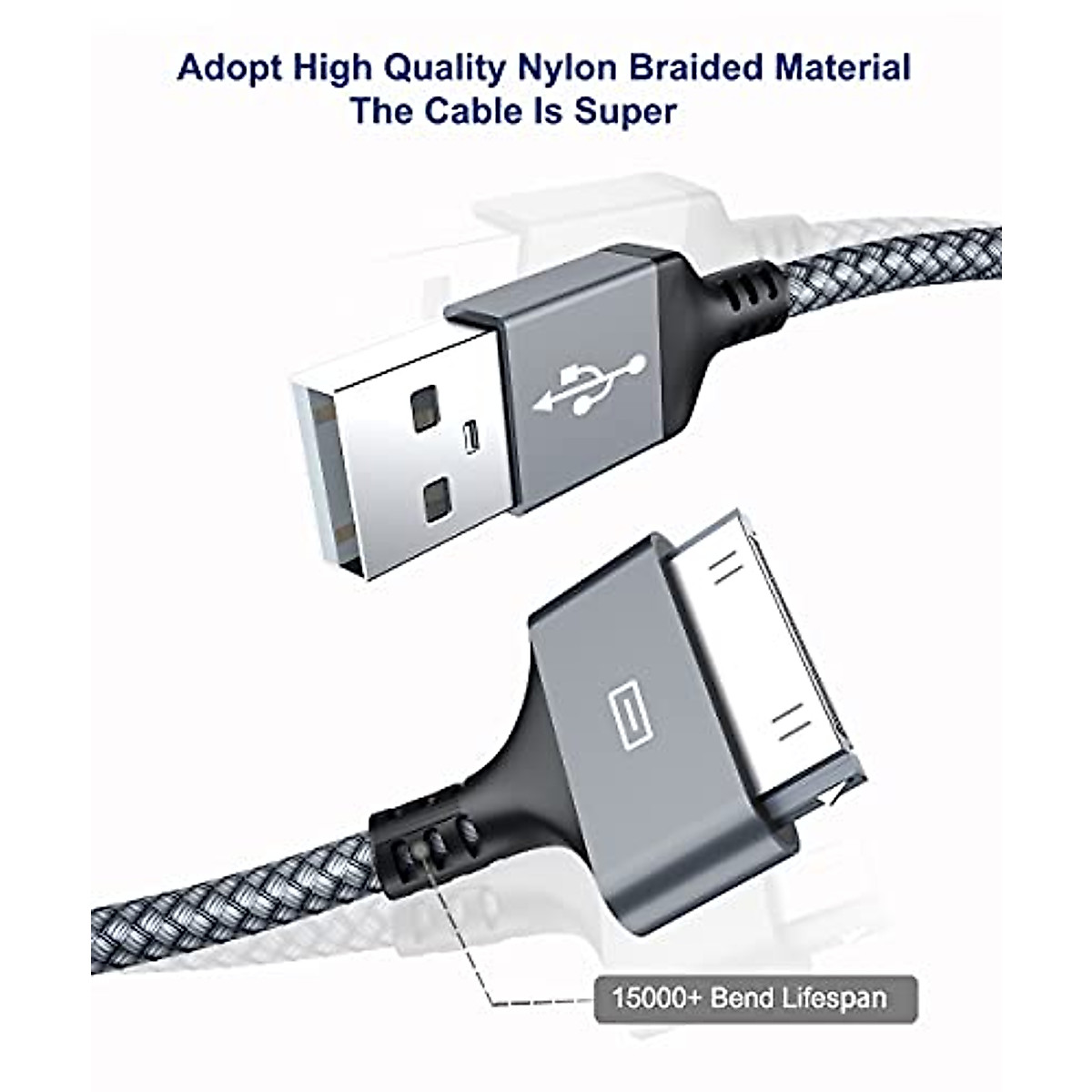 AkoaDa Apple Certified 30 Pin USB Charging Cable 10ft 2 Pack, USB Sync Charging Cord Cables Compatible iPhone 4 4s, iPhone 3G 3GS, iPad 1 2 3 iPod Touch 4 3 2 1, iPod Classic 3 2 1, Grey