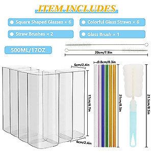 UHAPEER 6 Pack Square Drinking Glasses with Straws, 500ml/17oz Lead-Free Crystal Clear Glass Bar Glassware Glasses Tumblers, Thin Highball Glasses Drinking Cups for Coffee Tea Beer Cocktail Smoothie
