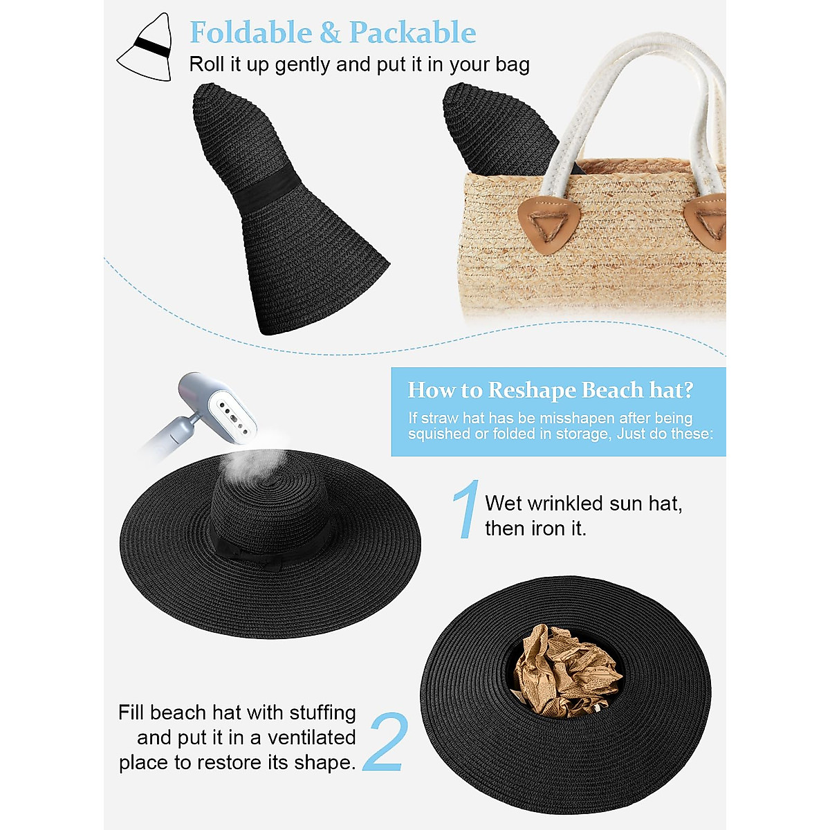 Womens Sun Hat UV Protection Wide Brim Beach Hat Floppy Foldable Roll-Up Straw Hats for Women UPF 50 Black