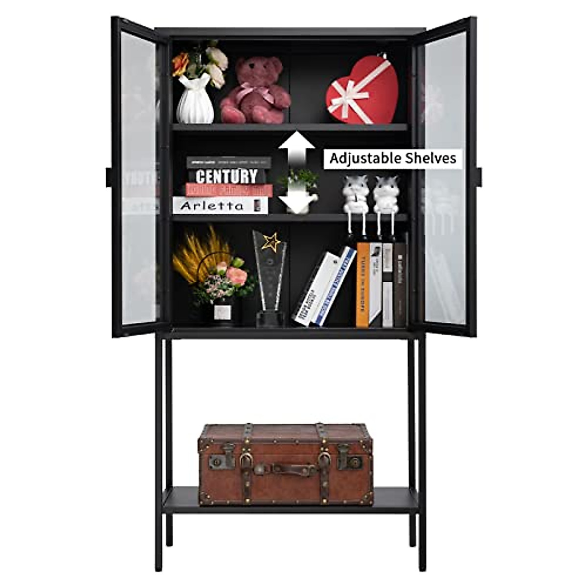 MATICO Metal Storage Cabinet, 59"(H) x30(L), Freestanding Pantry Locker, Accent Display Bookcase with Glass Doors, Modern Organizer Cupboard for Office, Living Room, Kitchen Console Sideboard, Black