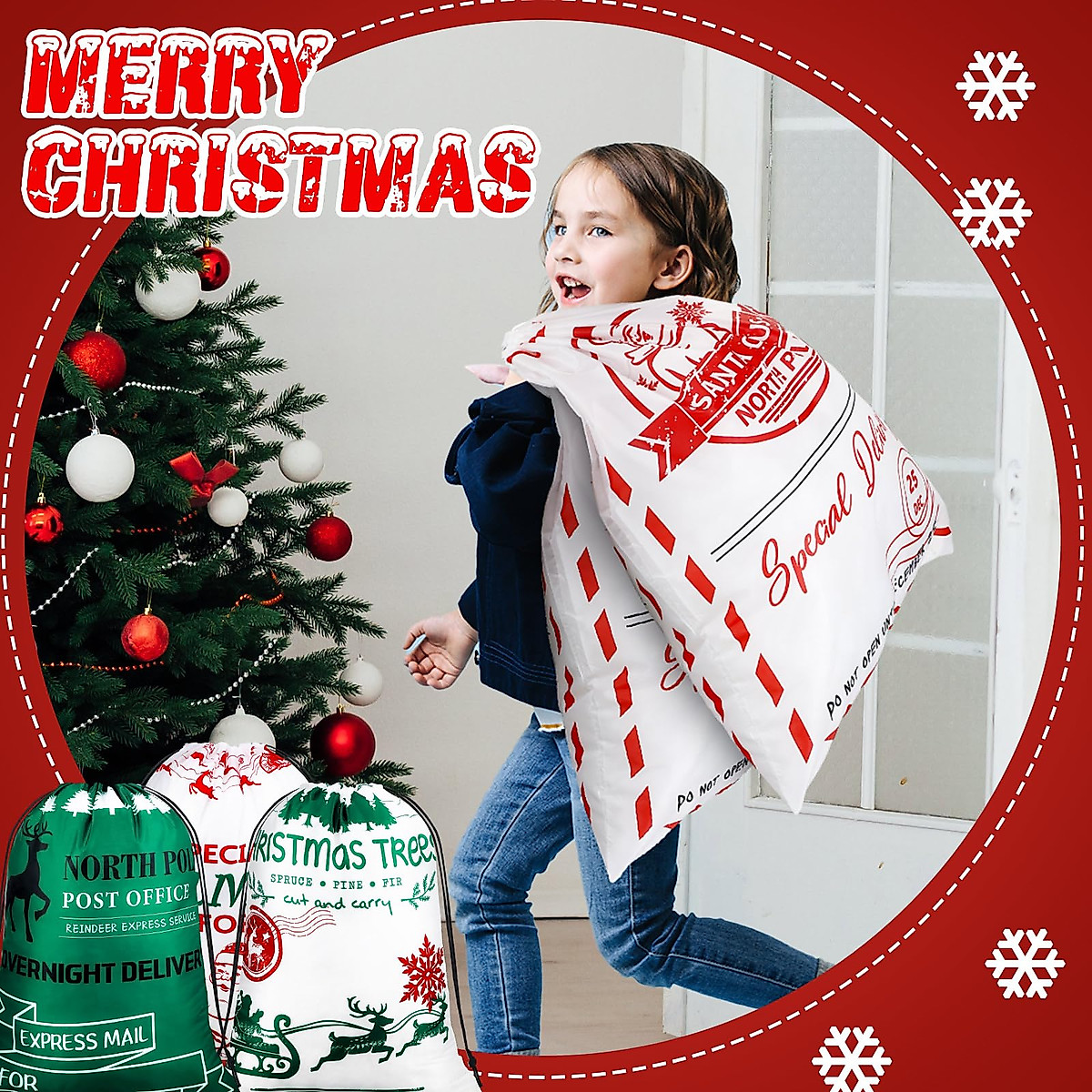 Abbylike 8 Pcs Large Christmas Santa Gift Bags, Jumbo Santa Sacks Christmas Drawstring Gift Bags Polyester Fabric Xmas Gift Sacks for Event Party Supplies Christmas Party Favors(26 x 19 Inch)
