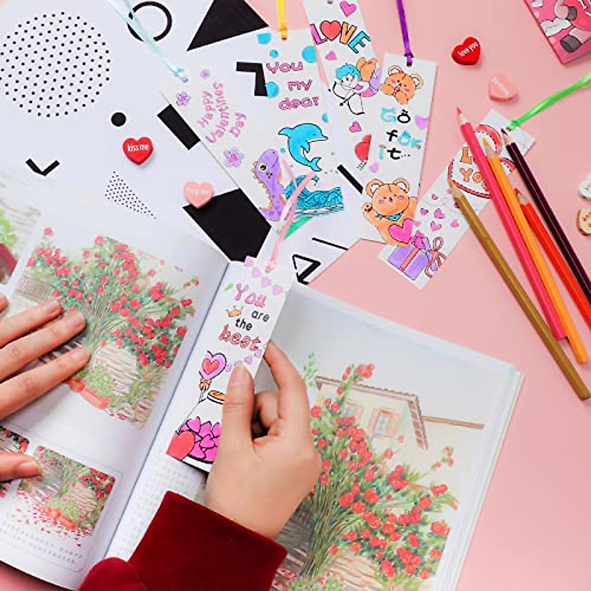 108 Pieces Valentine's Day DIY Bookmarks Heart Rose Bear Coloring Paper Bookmarks Happy Valentine's Day Book Marks for Kid Be Mine You Are So Cool Book Decorations for Valentine's Day Party Book Decor