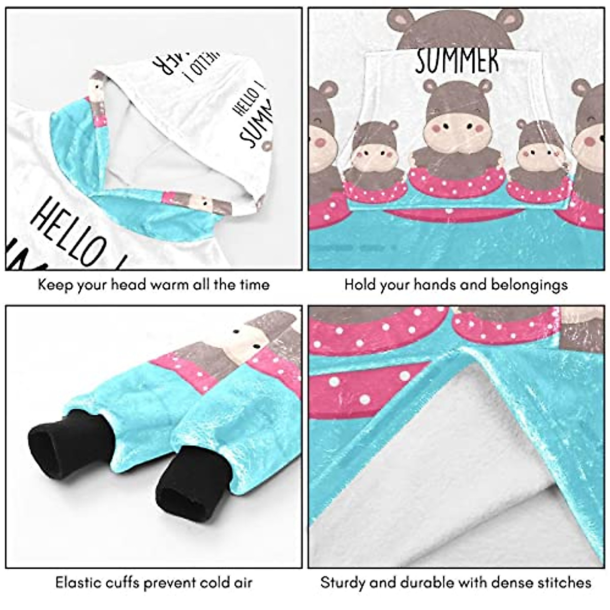 Wearable Blanket Hoodie,Oversized Hooded for Women,Comfy Sweatshirt Hello Summer Cute Hippo-01