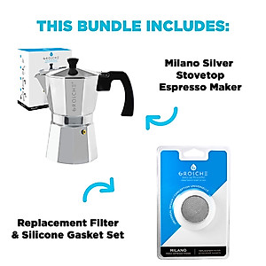 GROSCHE Milano Stovetop Espresso Maker Moka pot 6 espresso Cup - 9.3 oz, Silver and 3 Replacement Seals Gaskets Bundle Stove top coffee maker Moka Italian espresso coffee maker and replacement gaskets