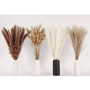 Dried Pampas Grass Decor, 100 PCS Pampas Grass Contains Bunny Tails Dried Flowers, Reed Grass Bouquet for Wedding Boho Flowers Home Table Decor, Rustic Farmhouse Party (White and Brown)