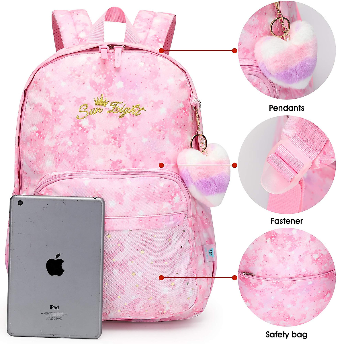 Caran·Y Girls Backpack for Kid in Waterproof Elementary Large space Love decoration Starry Pattern School Bookbag Boys Girls Fit Over 6 Years Old Girls Book Bag（Pink）